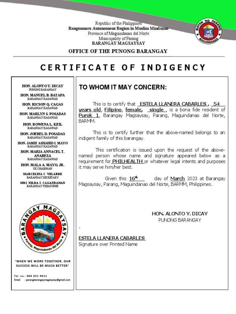 Certificate of Indigency - Philhealth | PDF | Philippines