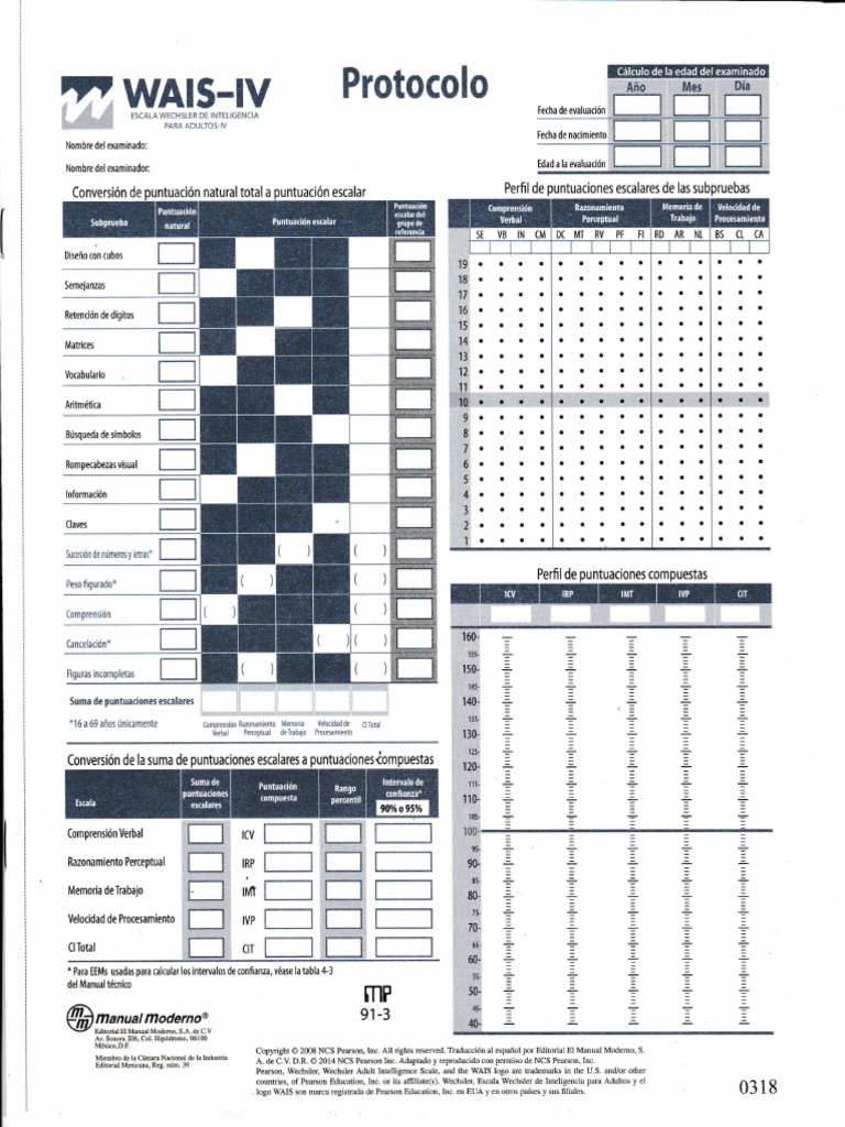 Protocolo Wais Iv Completo | Descargar gratis PDF | Escala de inteligencia para adultos de ...