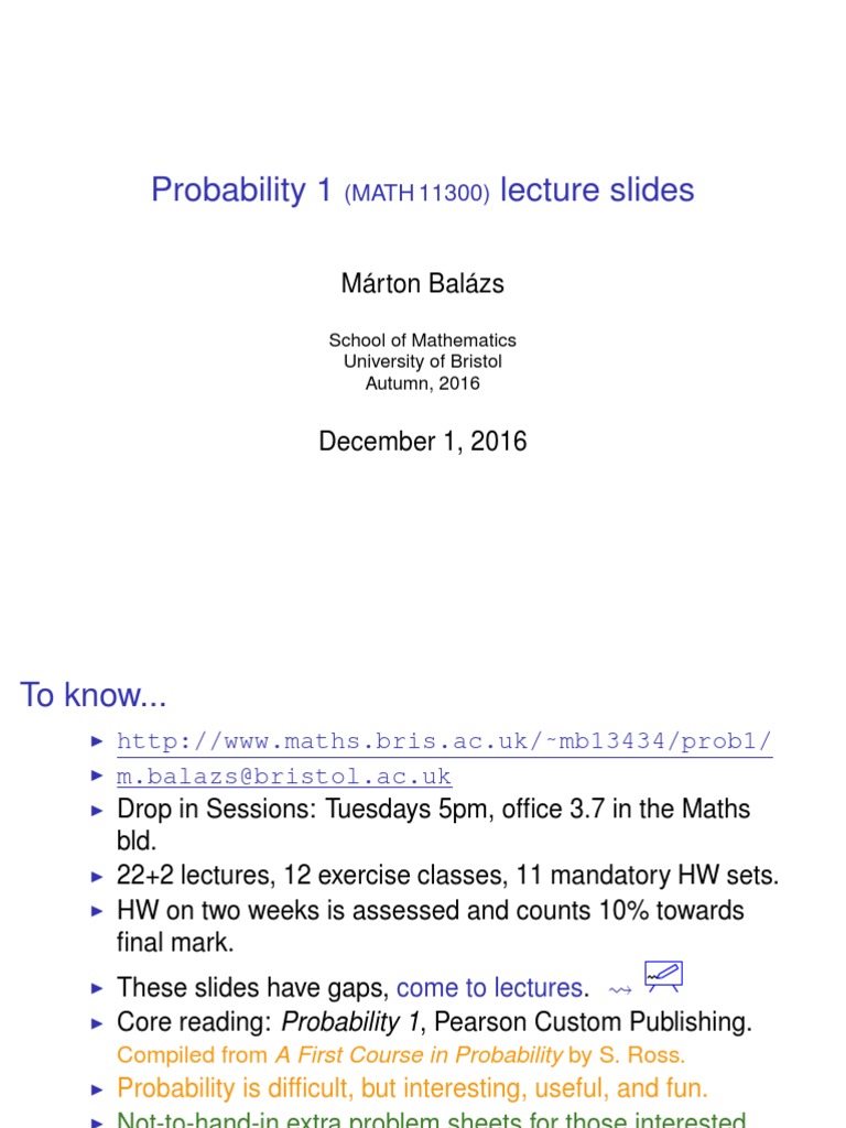Prob1 Slides Lec Balazs 16f PDF | PDF | Probability | Mathematics