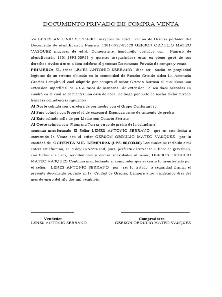 DOCUMENTO PRIVADO DE COMPRA VENTA Azomada | PDF