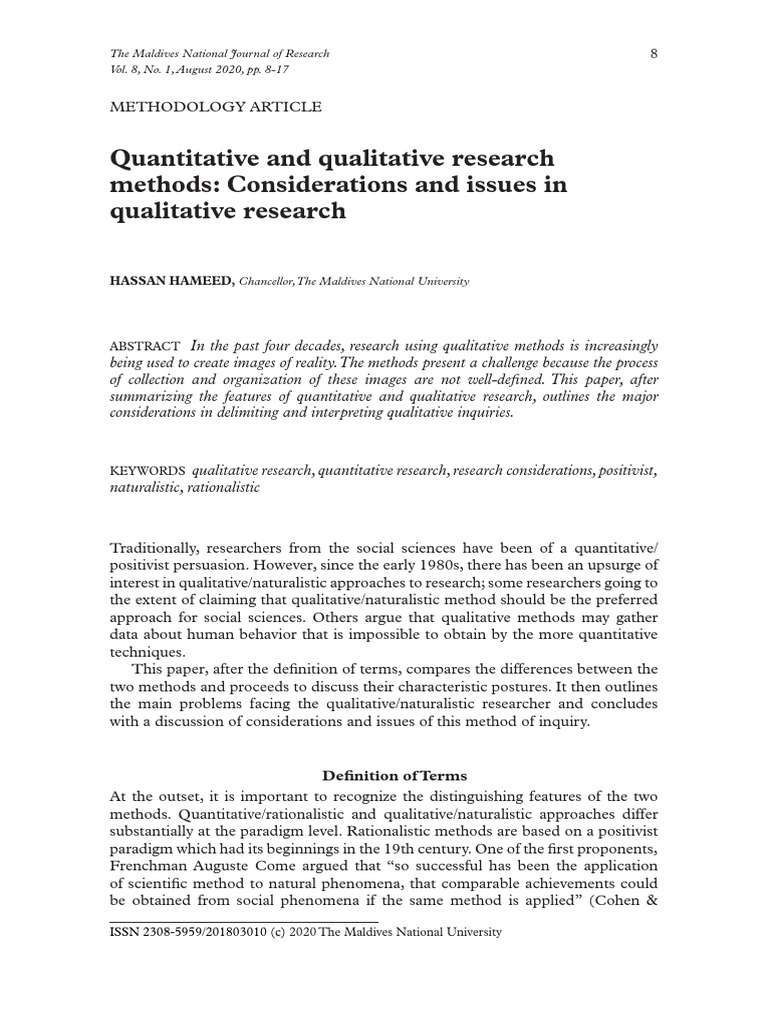 Quantitative and Qualitative Research Methods Considerations and Issues ...