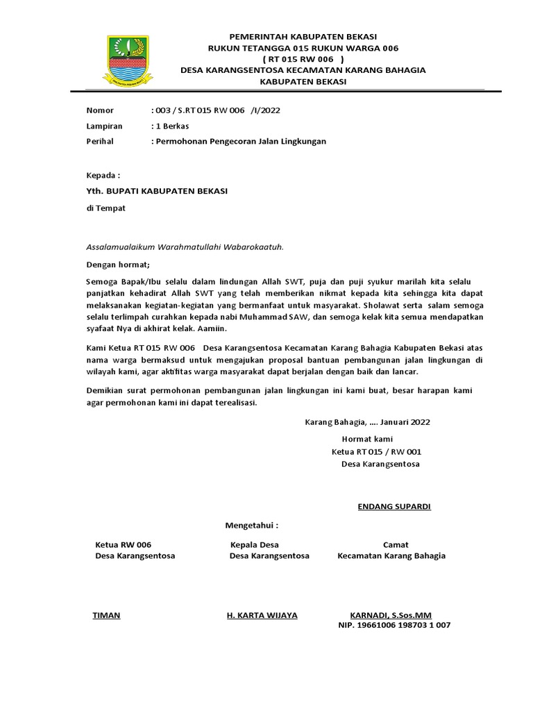 Pemerintah Kabupaten Bekasi Rukun Tetangga 015 Rukun Warga 006 (RT 015 RW 006) Desa ...
