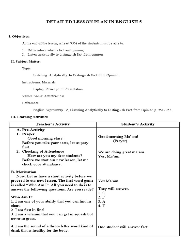 Detailed Lesson Plan in English 5 Cot 1 | PDF | Opinion | Evidence