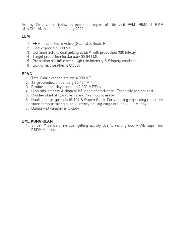 Summary Visit EEM - BIMA - BME Kungkilan 10 January 2023 | PDF | Energy ...