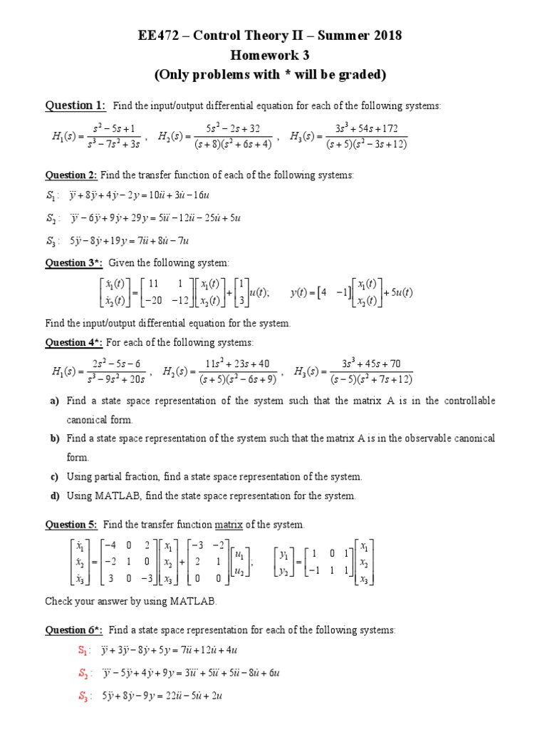 Homework 3 Solving Control Theory Problems And Finding State Space Representations Using Matlab