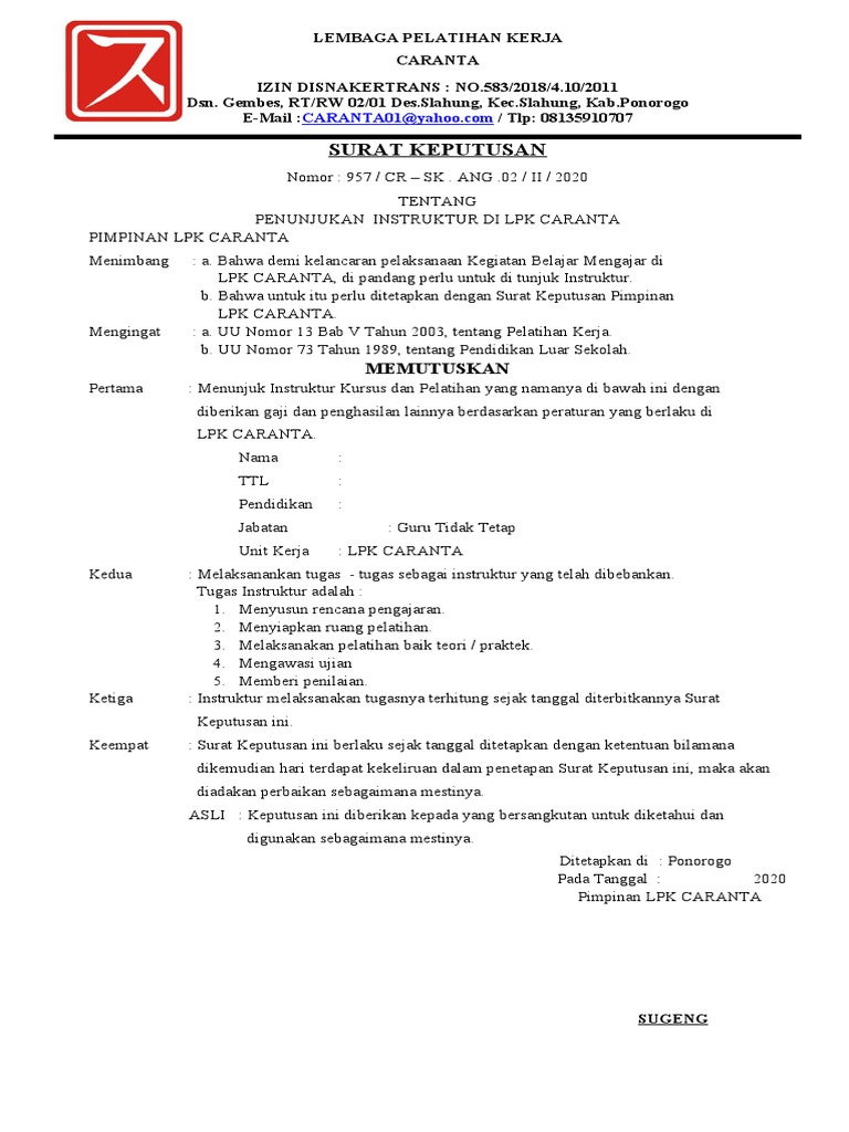 Surat Keputusan Pengangkatan Instruktur LPK Caranta | PDF