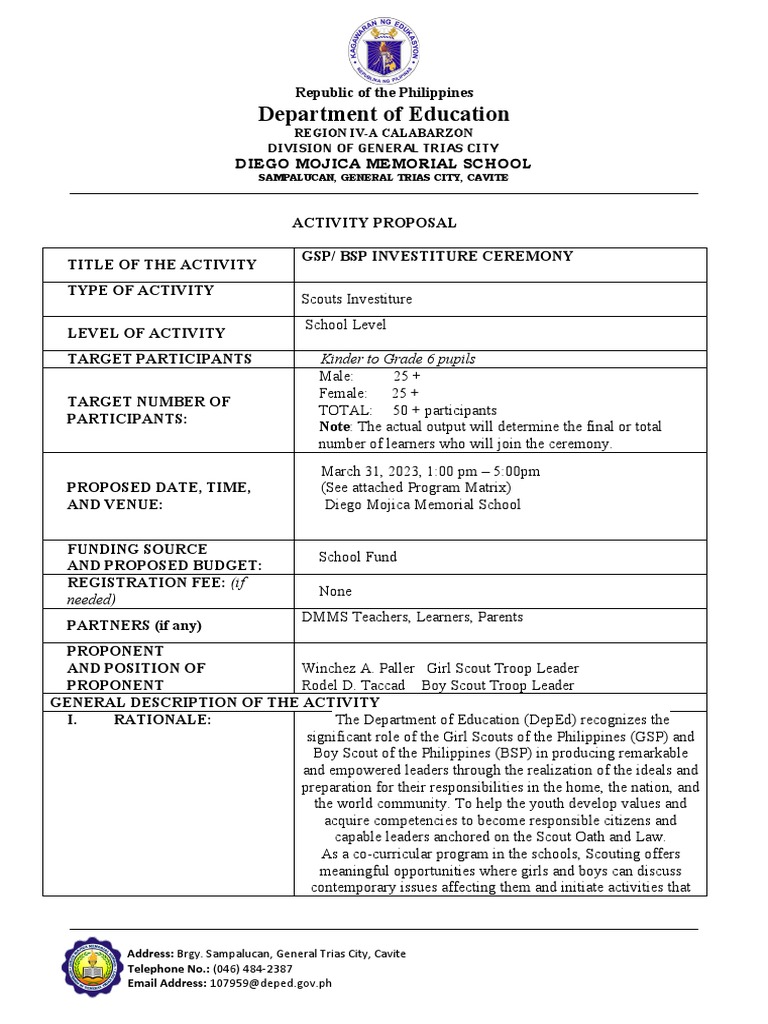 GSP/BSP Investiture Ceremony Proposal | PDF | Scouting