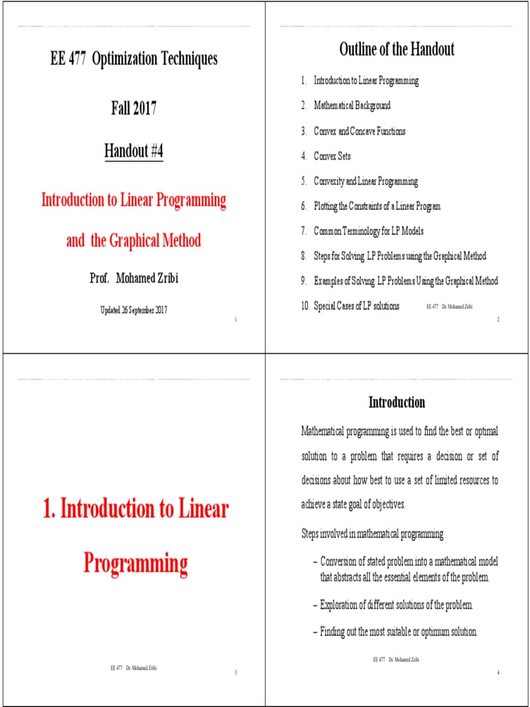 Introduction To Linear Programming: EE 477 Optimization Techniques Fall 2017 Handout #4 Outline ...