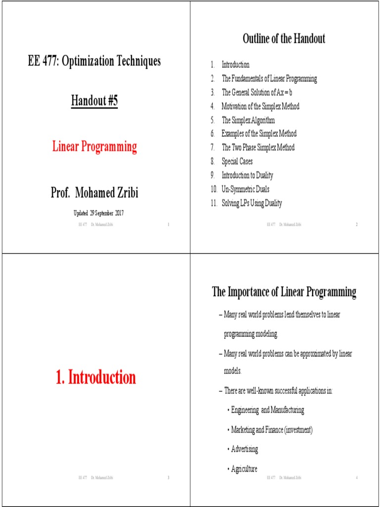EE 477: Optimization Techniques Handout #5: Linear Programming | PDF | Linear Programming ...
