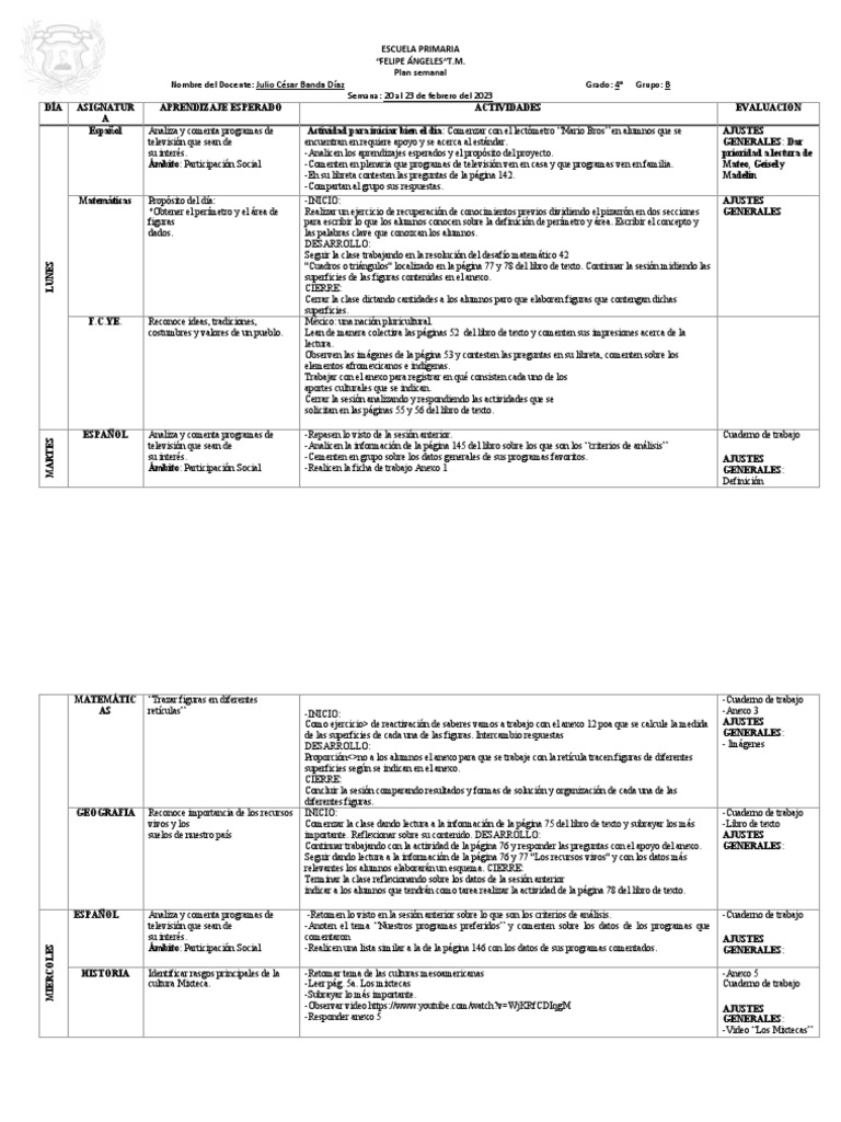 Plan Semanal 4° Grado B - Febrero 2023 | PDF