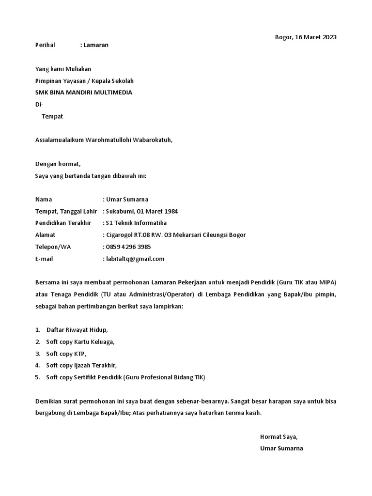 Lamaran Guru Umar Sumarna | PDF | Karier & Perkembangan