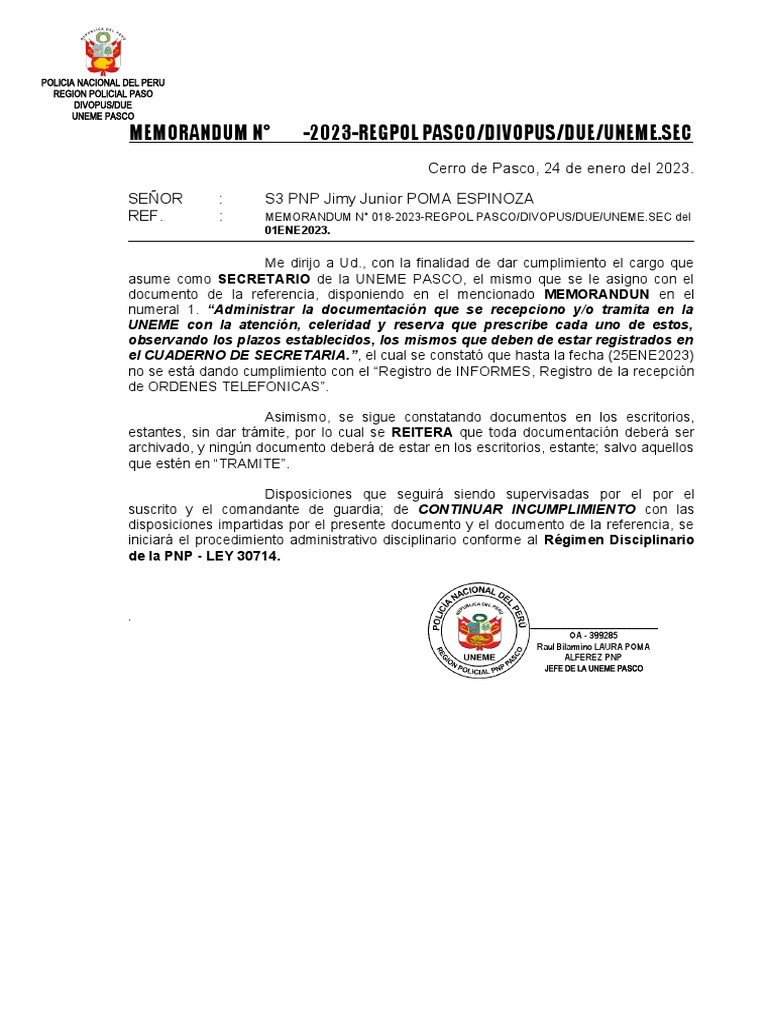 Memorándum de Llamada de Atención PNP | PDF | Gobierno