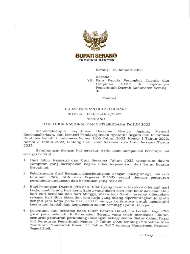 Surat Edaran Bupati Serang Tentang Hari Libur Nasional Dan Cuti Bersama Tahun 2023 | PDF