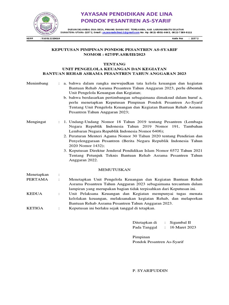 Surat Keputusan Tentang UPK2B | PDF