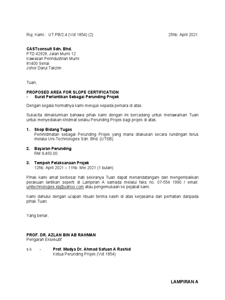 Template Surat Lantikan Kontraktor (Atas Nama Syarikat) | PDF