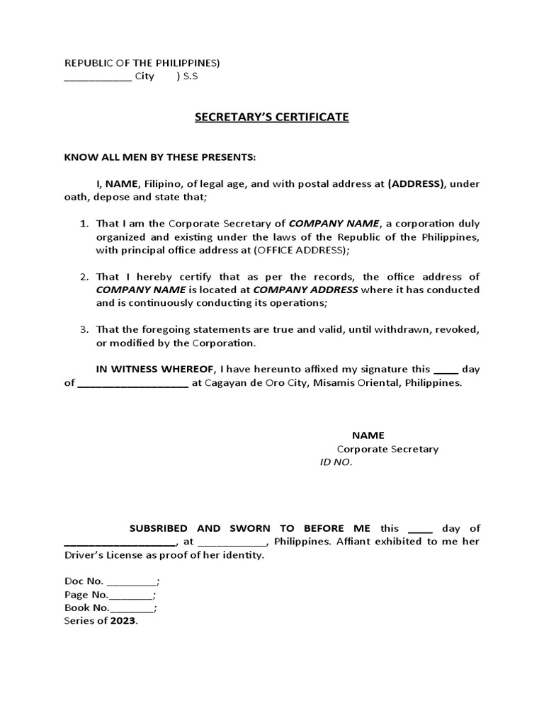 Secretary's Certificate for Corporation | PDF | Law