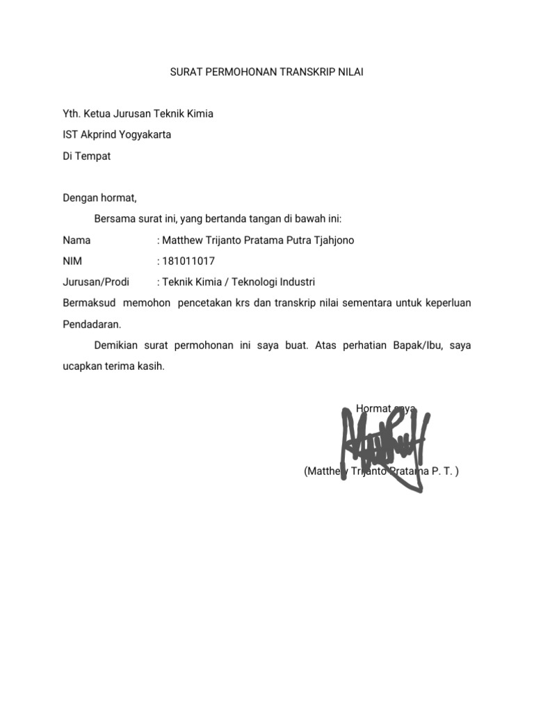 Surat Permohonan Cetak KRS Dan Transkrip - Matthew Trijanto - 181011017 ...
