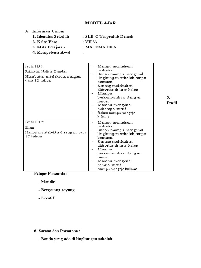 Modul Ajar MTK Fase A Kelas 7 | PDF