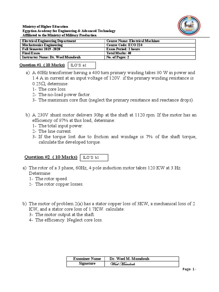 Final Exam 2019-2020 | PDF | Electric Motor | Transformer