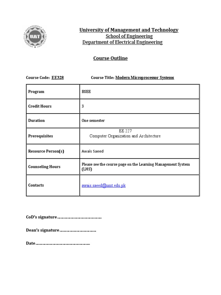 EE328 CourseOutlineOBE SP 2023 | PDF | Central Processing Unit | Classes Of Computers