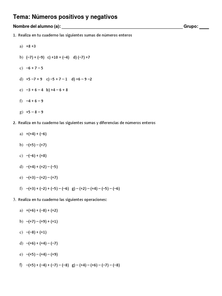 Sumas y Restas de Números Enteros | PDF