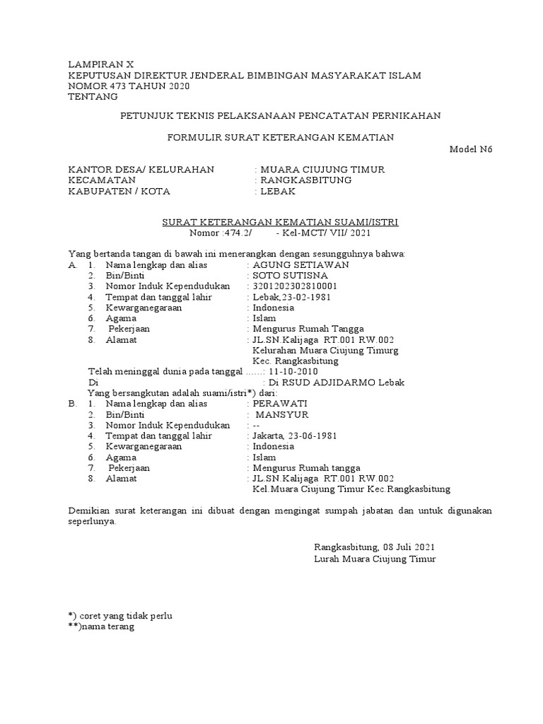 Contoh Formulir N6 Pernikahan dan Kematian | PDF