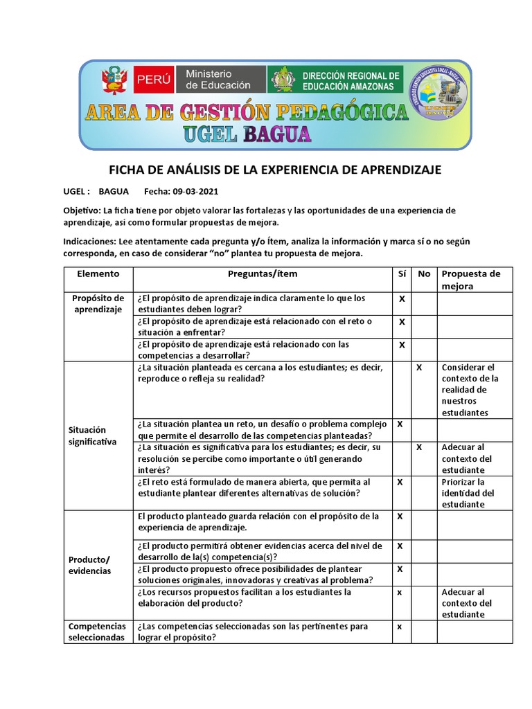 Ficha de Análisis de La Experiencia de Aprendizaje | PDF | Evaluación | Aprendizaje