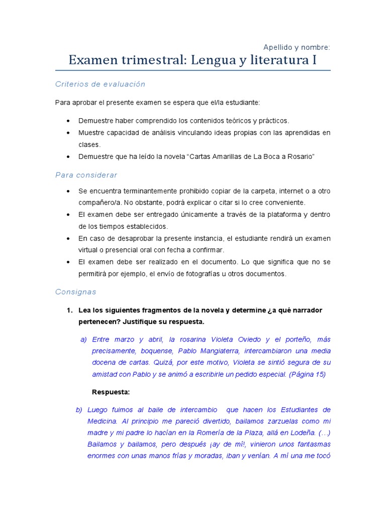 Examen Trimestral - Lengua y Literatura I | PDF