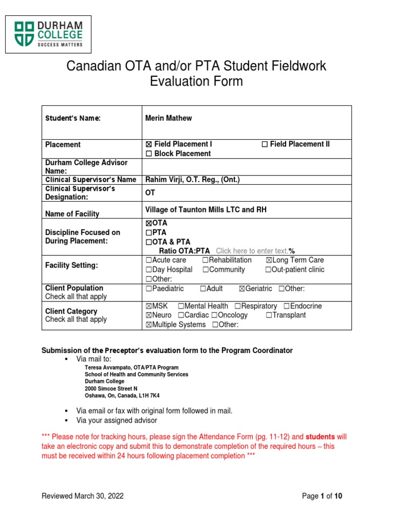 OTA Student Evaluation at Taunton Mills | PDF | Communication | Therapy