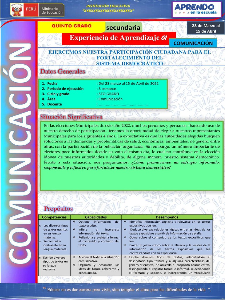 EXPERIENCIA DE APRENDIZAJE 1 - CICLO VII -5TO - COMUNICACIÓN | PDF