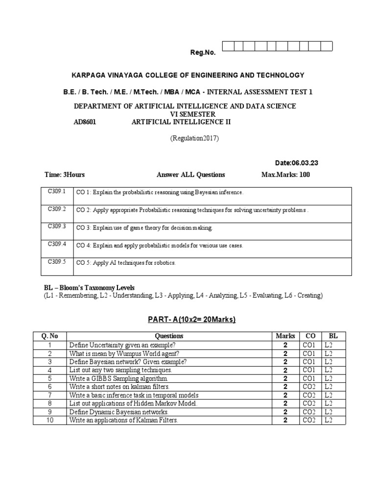 Analysis Of An Internal Assessment Test For An Artificial Intelligence Course Focusing On