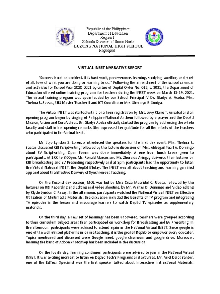 Virtual Inset Narrative Report | PDF | Educational Technology | Learning