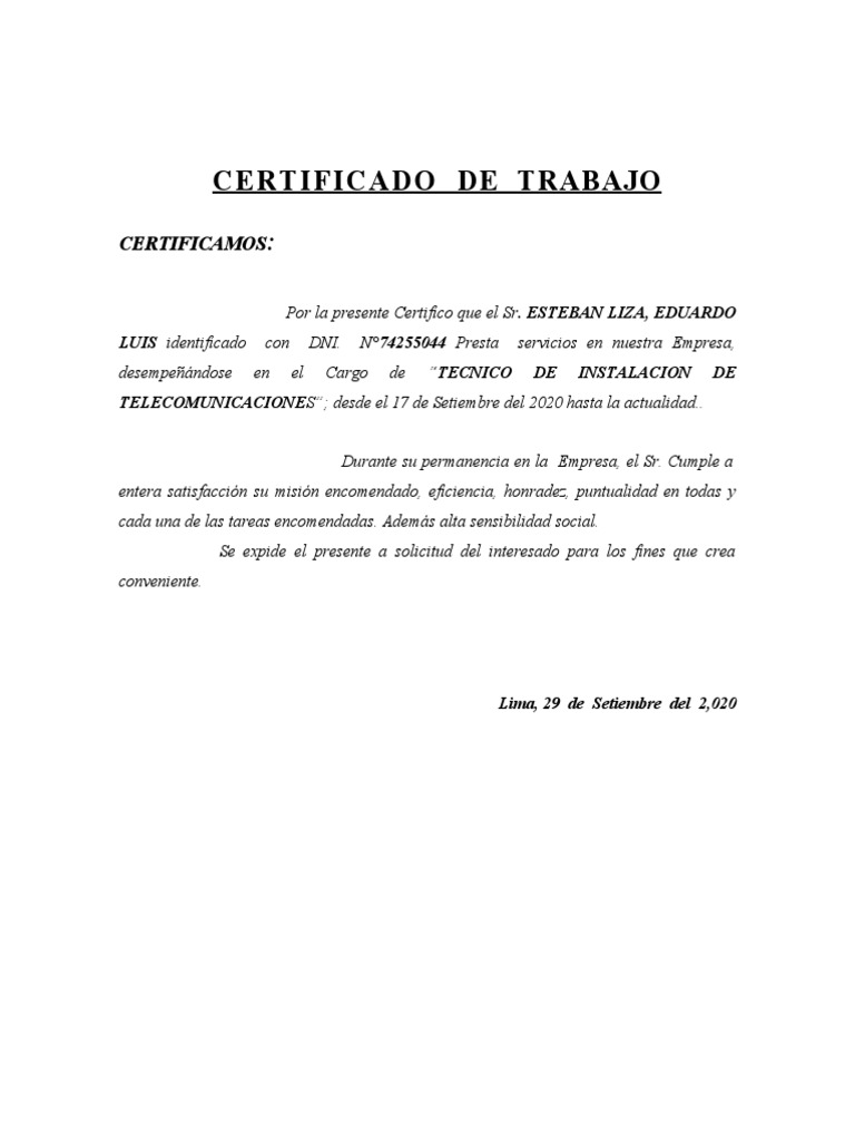 Certificado de Trabajo Esteban Liza | PDF | Derecho