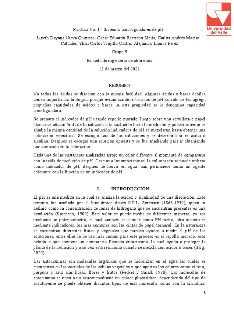 Informe Sistemas Amortiguadores | PDF | Ph | Solución tampón