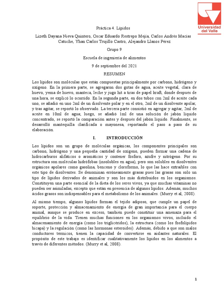 Informe Lipidos | PDF | Lípido | Polaridad química