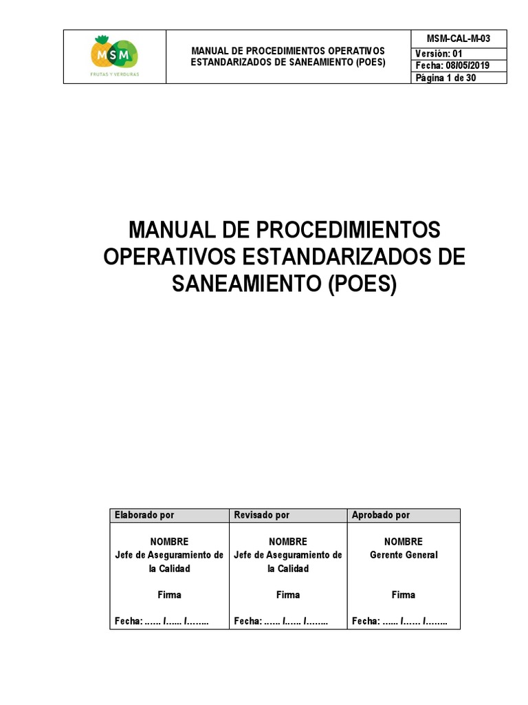 Manual POES - Frutas y Verduras | PDF | Alimentos | Agua