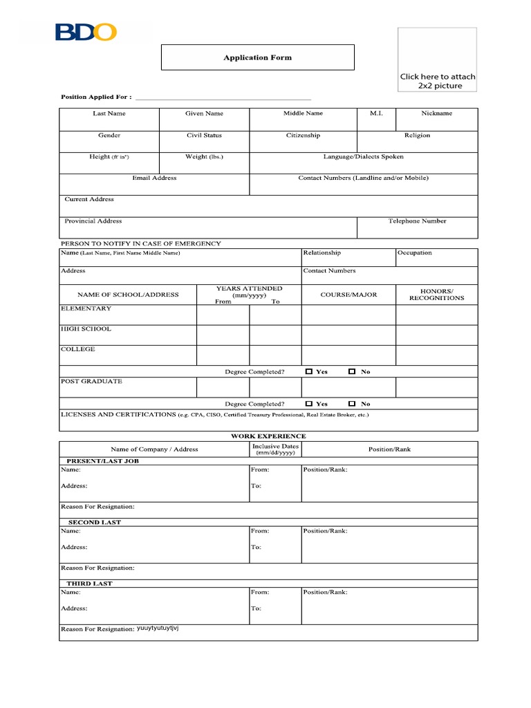BDO App Form | PDF | Employment | Private Law