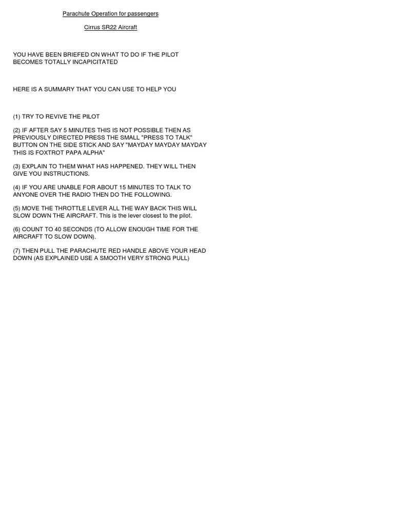 Caps Parachute Operation For Passengers Cirrus SR22 PDF | PDF