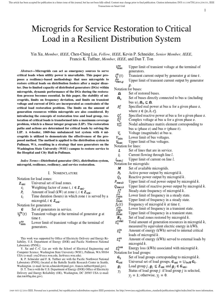 Microgrids For Service Restoration To Critical Load In A Resilient Distribution System Pdf