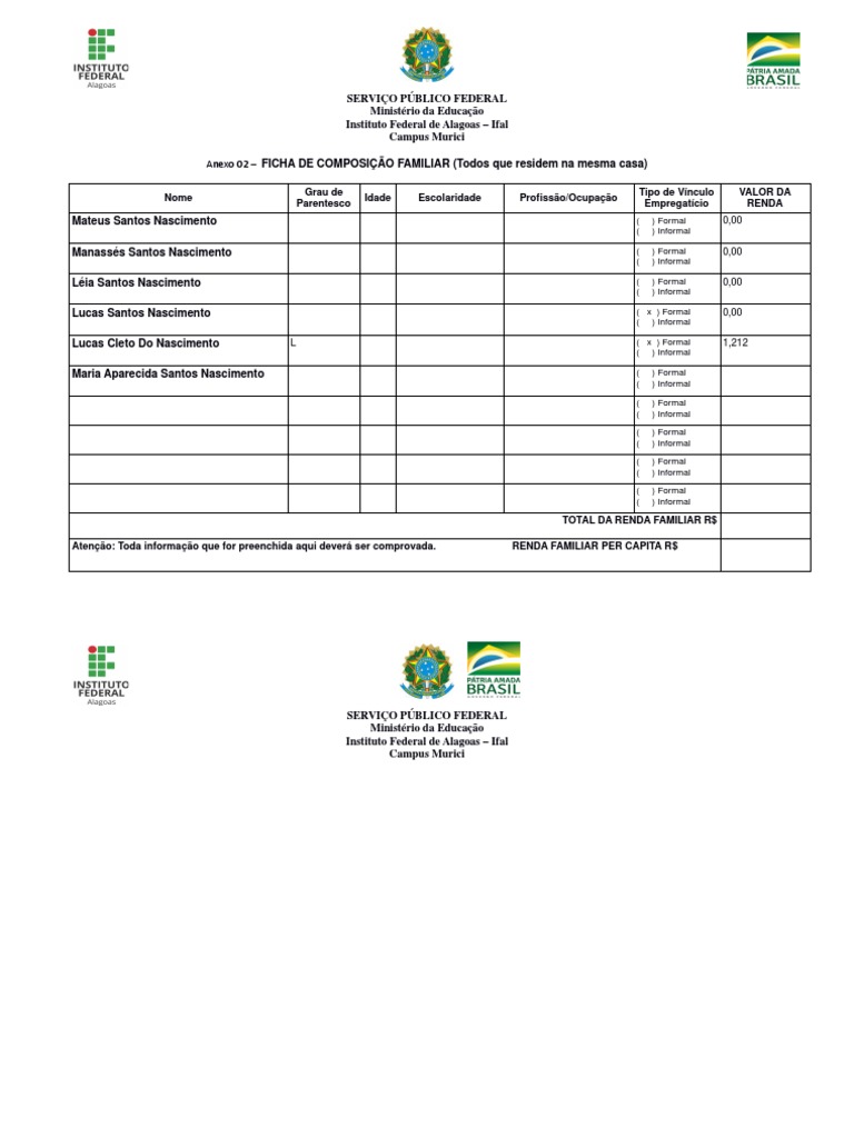 Anexo 02 - FICHA DE COMPOSIÇÃO FAMILIAR PDF | PDF