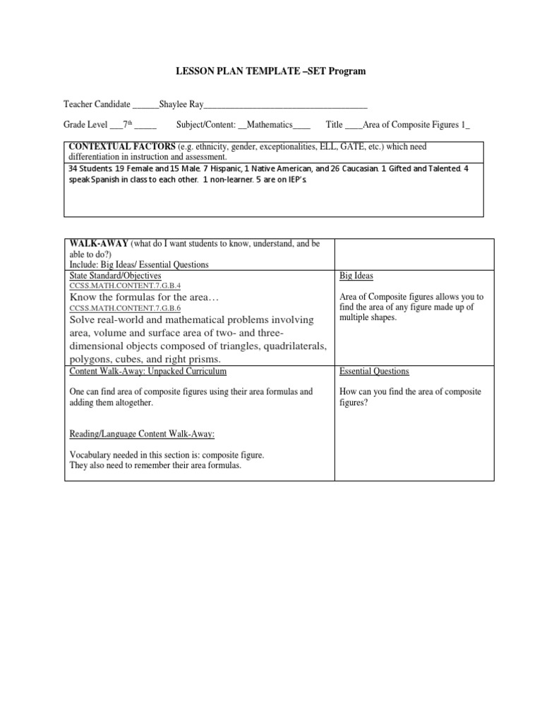 Lesson Plan Area of Composite Figures 1 Ray | PDF | Area ...