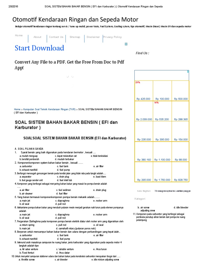SOAL SISTEM BAHAN BAKAR BENSIN EFI Dan Karburator Otomotif Kendaraan Ringan Dan Sepeda Motor PDF ...