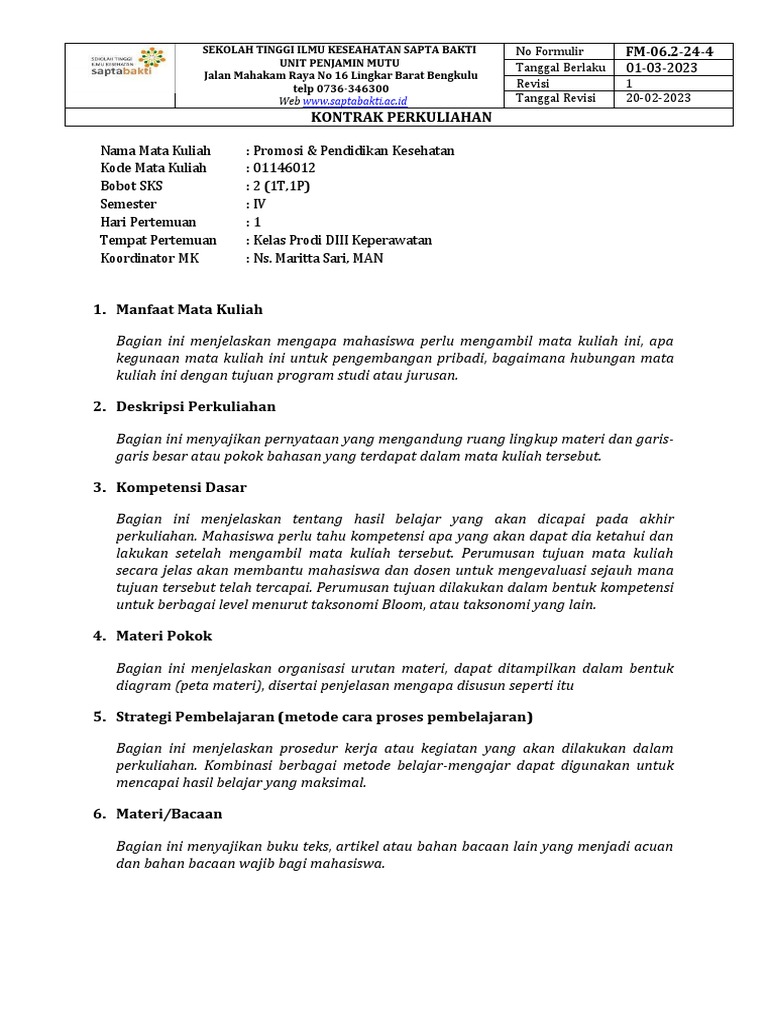 Form Kontrak Perkuliahan Promosi & Pendidikan Kesehatan 2022-2023 | PDF