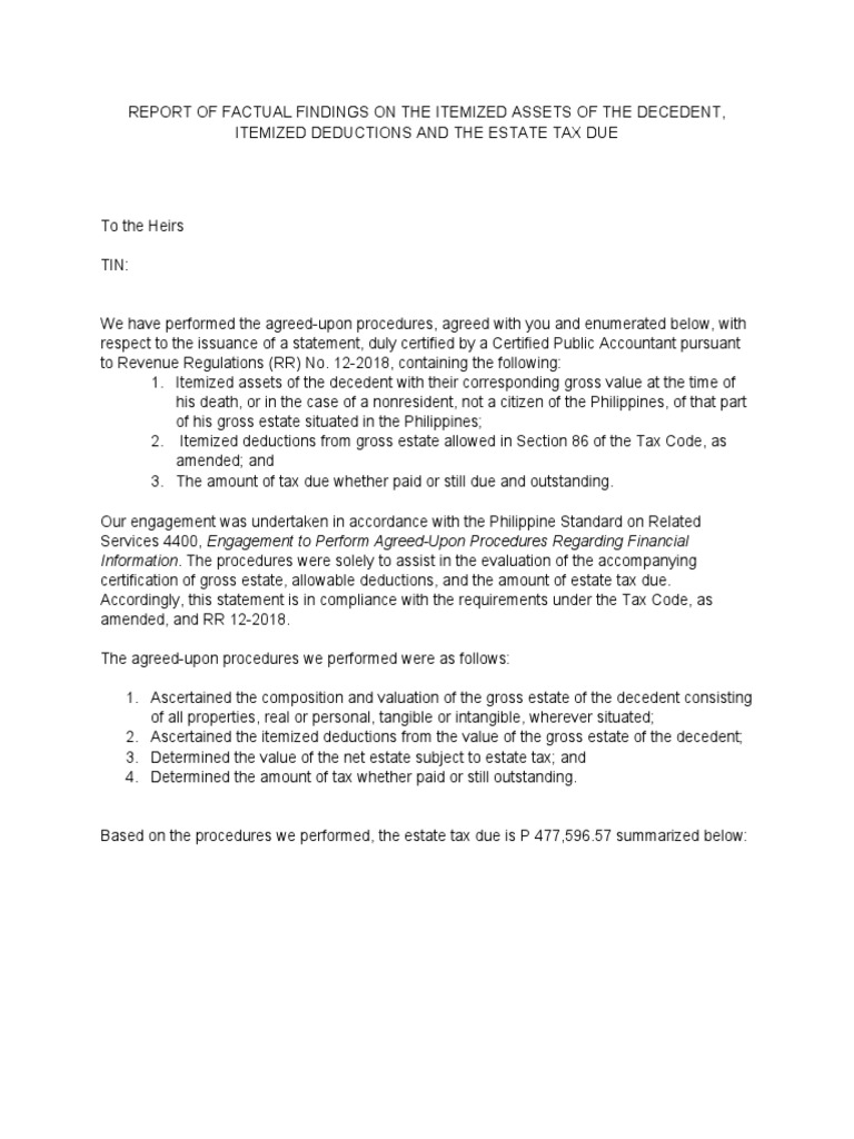 CPA Report on Decedent's Estate Tax | PDF | Estate Tax In The United ...
