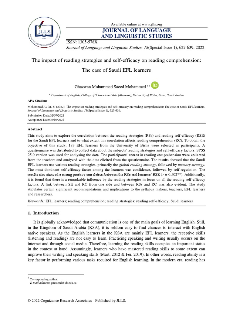 (2022) The Impact of Reading Strategies and Self-Efficacy On Reading Comprehension The Case of ...