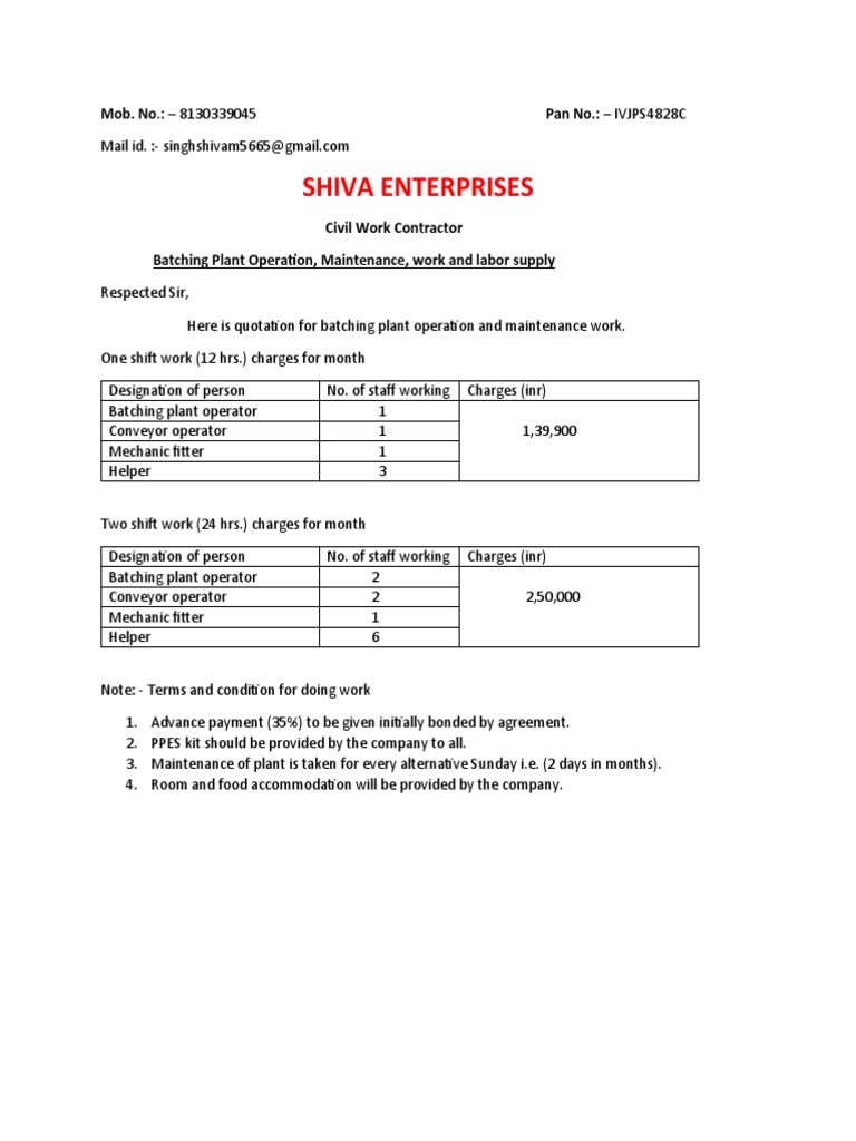 Batching Plant Operation Quotation | PDF