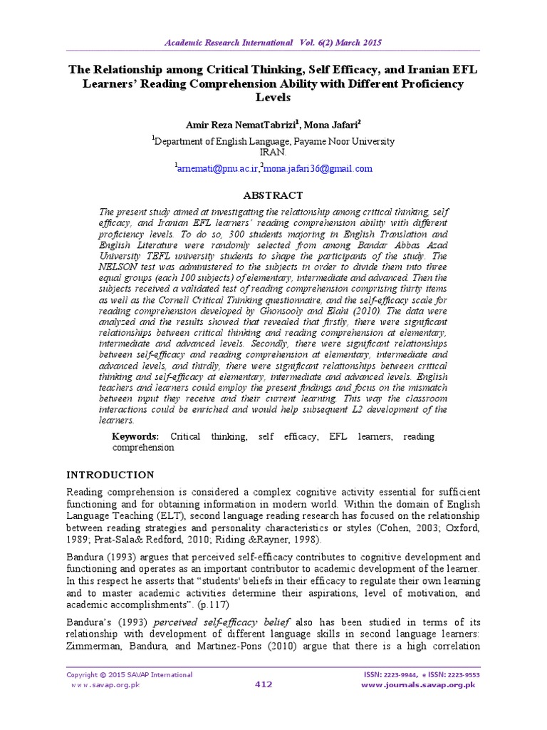 The Relationship Among Critical Thinking, Self Efficacy, and Iranian EFL Learners' Reading ...