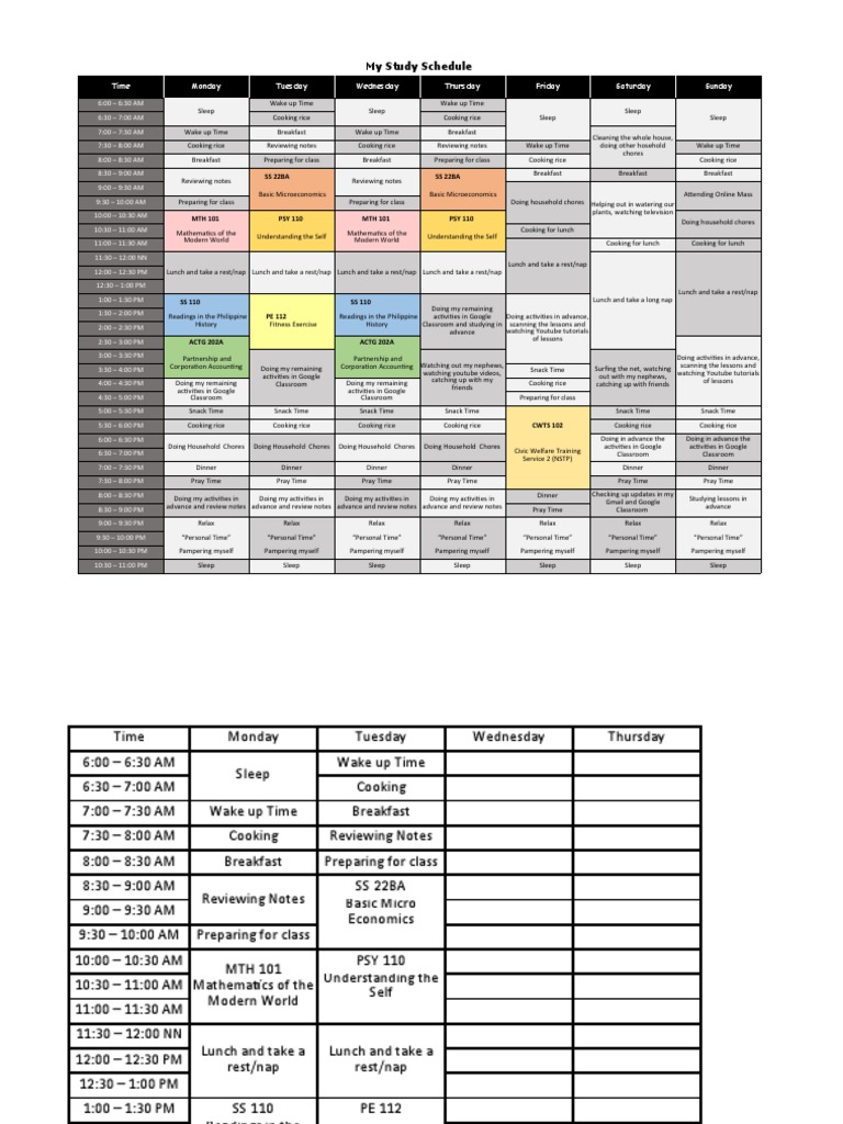 My Study Schedule For One Week | PDF | Food And Drink