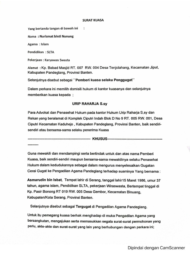 Surat Kuasa Nurismat Binti Nunung PDF | PDF