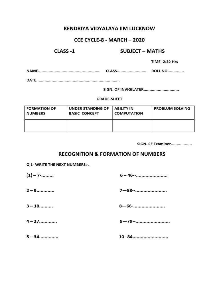 Class-1 Maths Cce Cycle-8 | PDF | Mathematics | Science